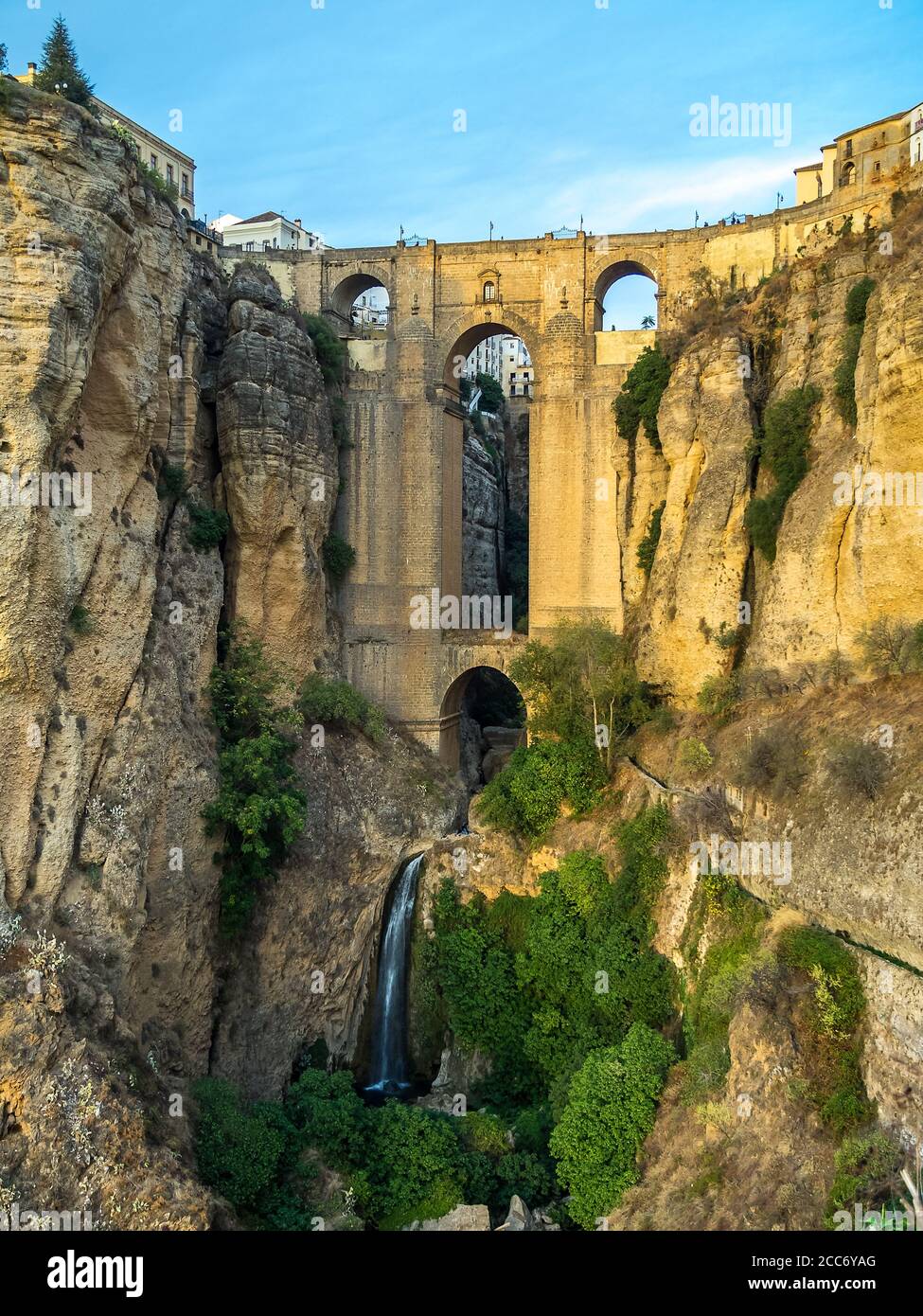 The Puente Nuevo, New bridge in Ronda, Spain spans the 120m deep chasm ...