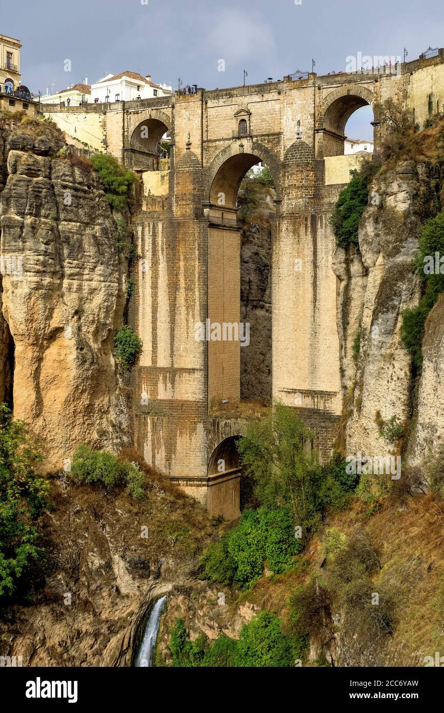 The Puente Nuevo, New bridge in Ronda, Spain spans the 120m deep chasm ...