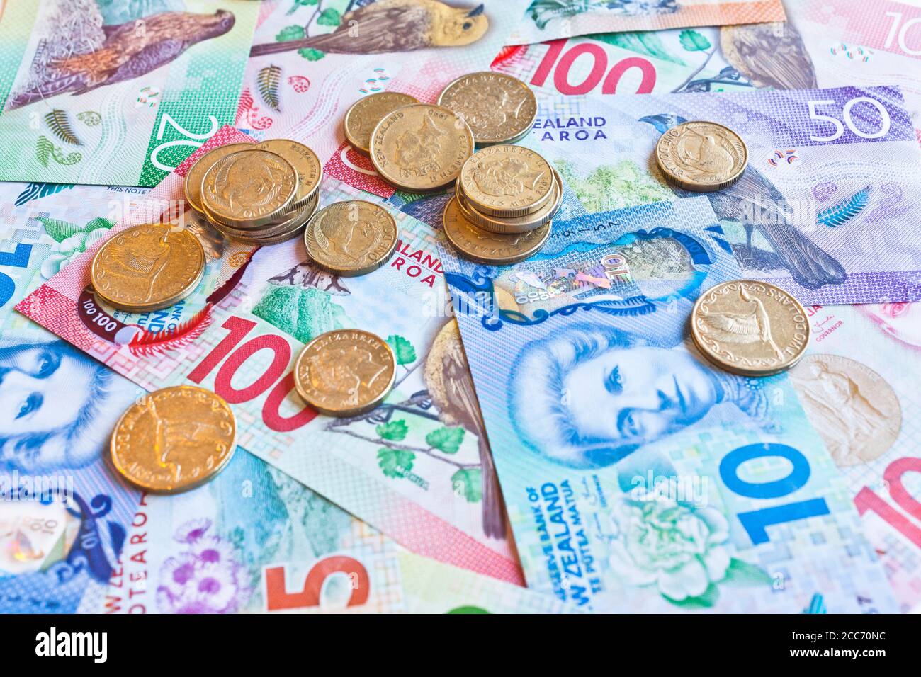 New Zealand cash, money or currency. Notes and coins Stock Photo - Alamy