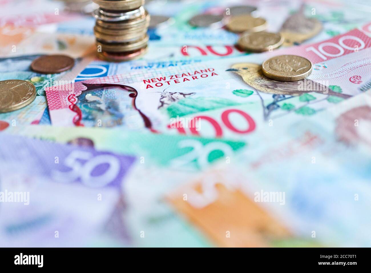 New Zealand cash, money or currency. Notes and coins Stock Photo - Alamy