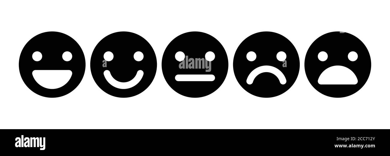 Basic emoticons set. Five facial expression of feedback - from positive ...