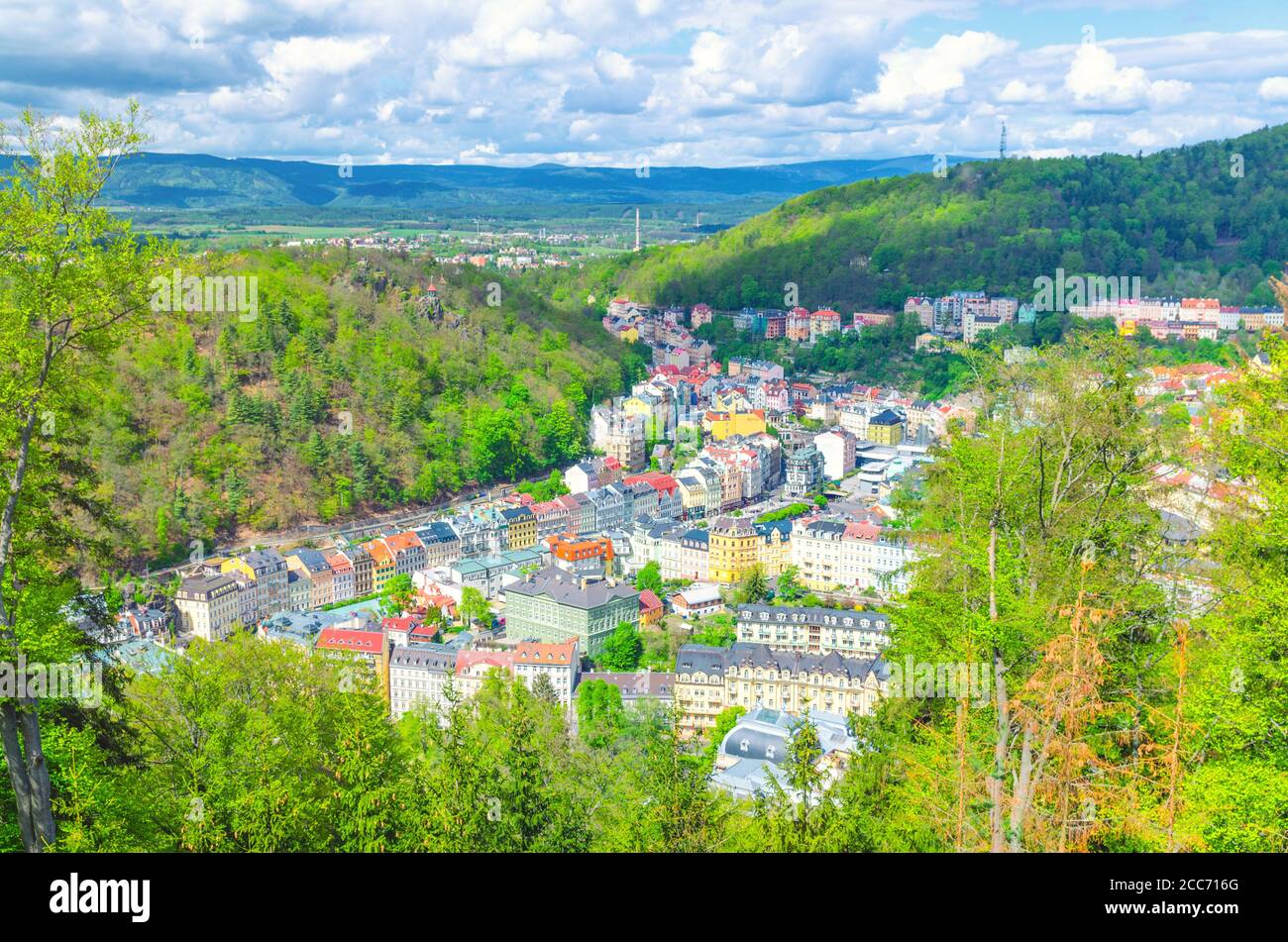 Karlovy Vary Carlsbad historical city centre top aerial view with ...