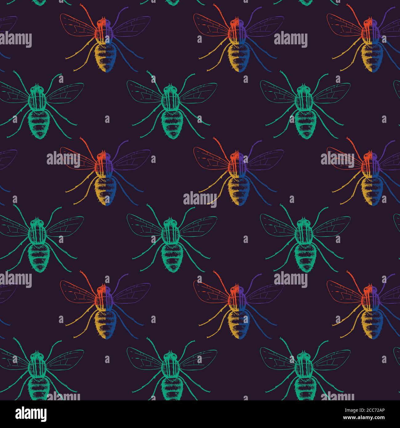 Seamless pattern with colorful flies on the dark background Stock ...