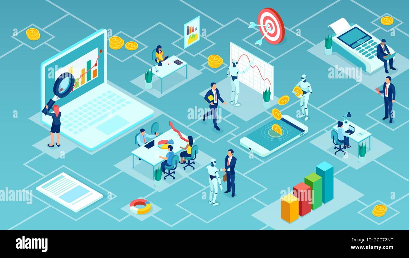 Vector of business people working together with robots on financial ...