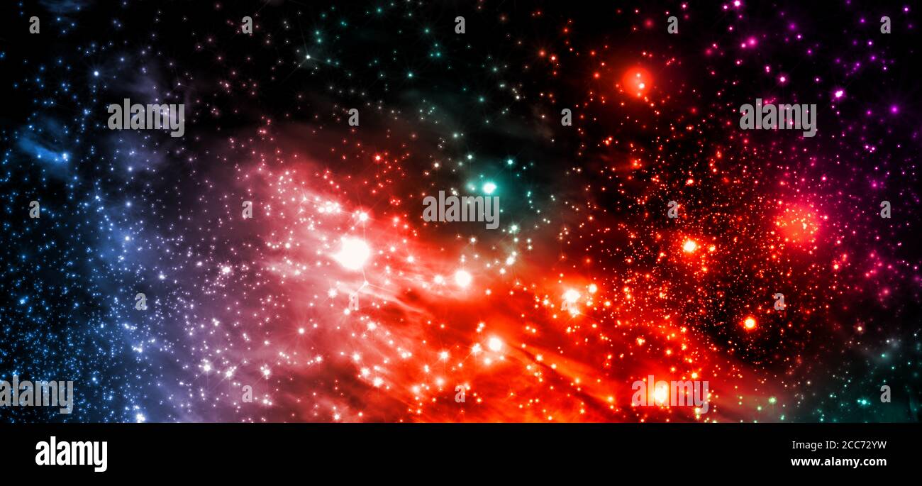 Fictitious colorful star field with nebulae, sparkling stars, suns and ...