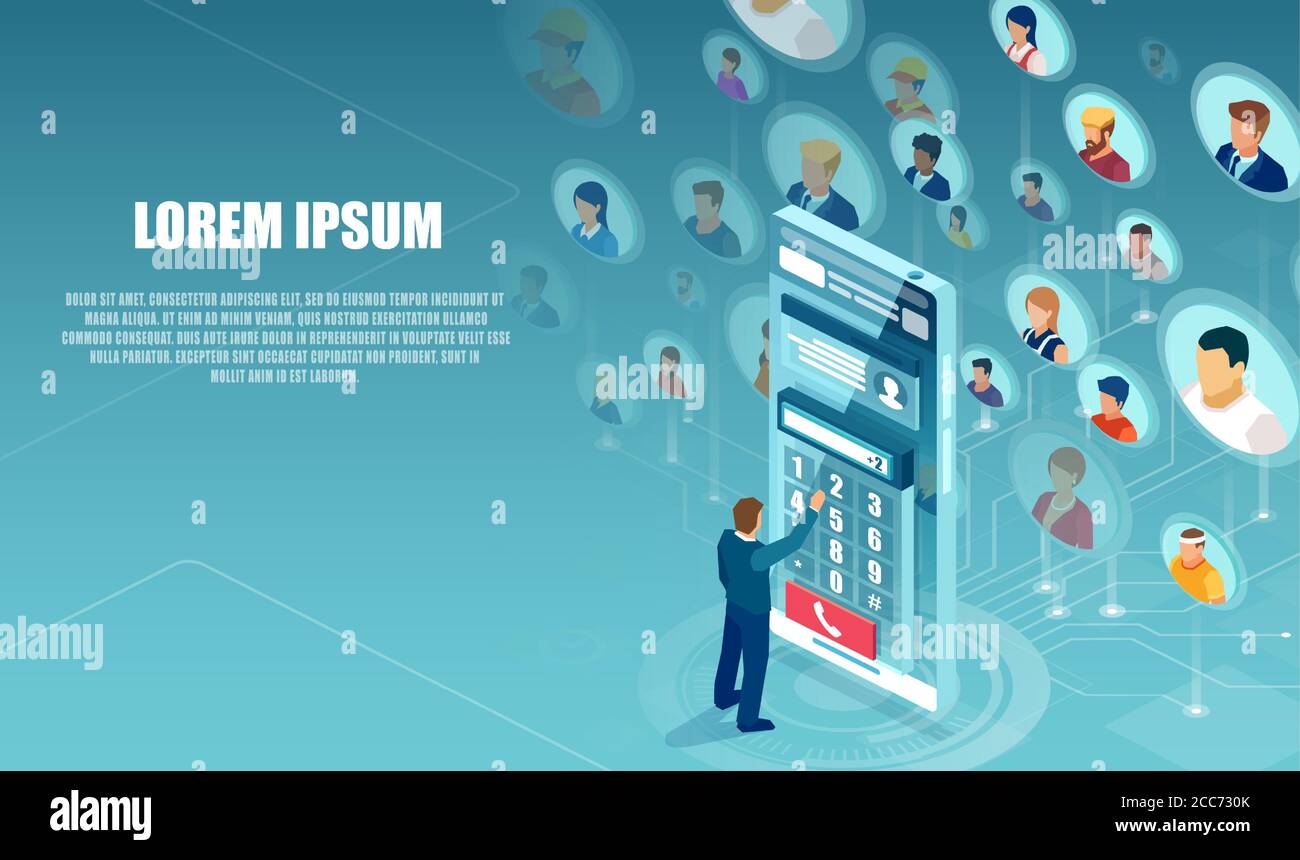 Vector of a virtual communication between man and a group of diverse ...