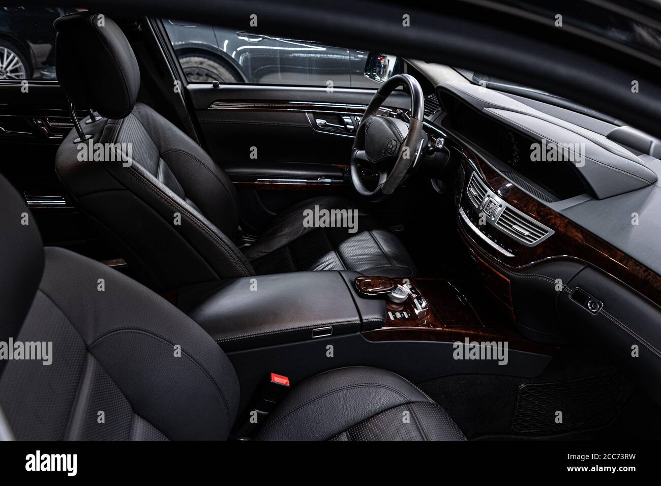 Car interior with black leather seats. Modern car interior Stock Photo ...