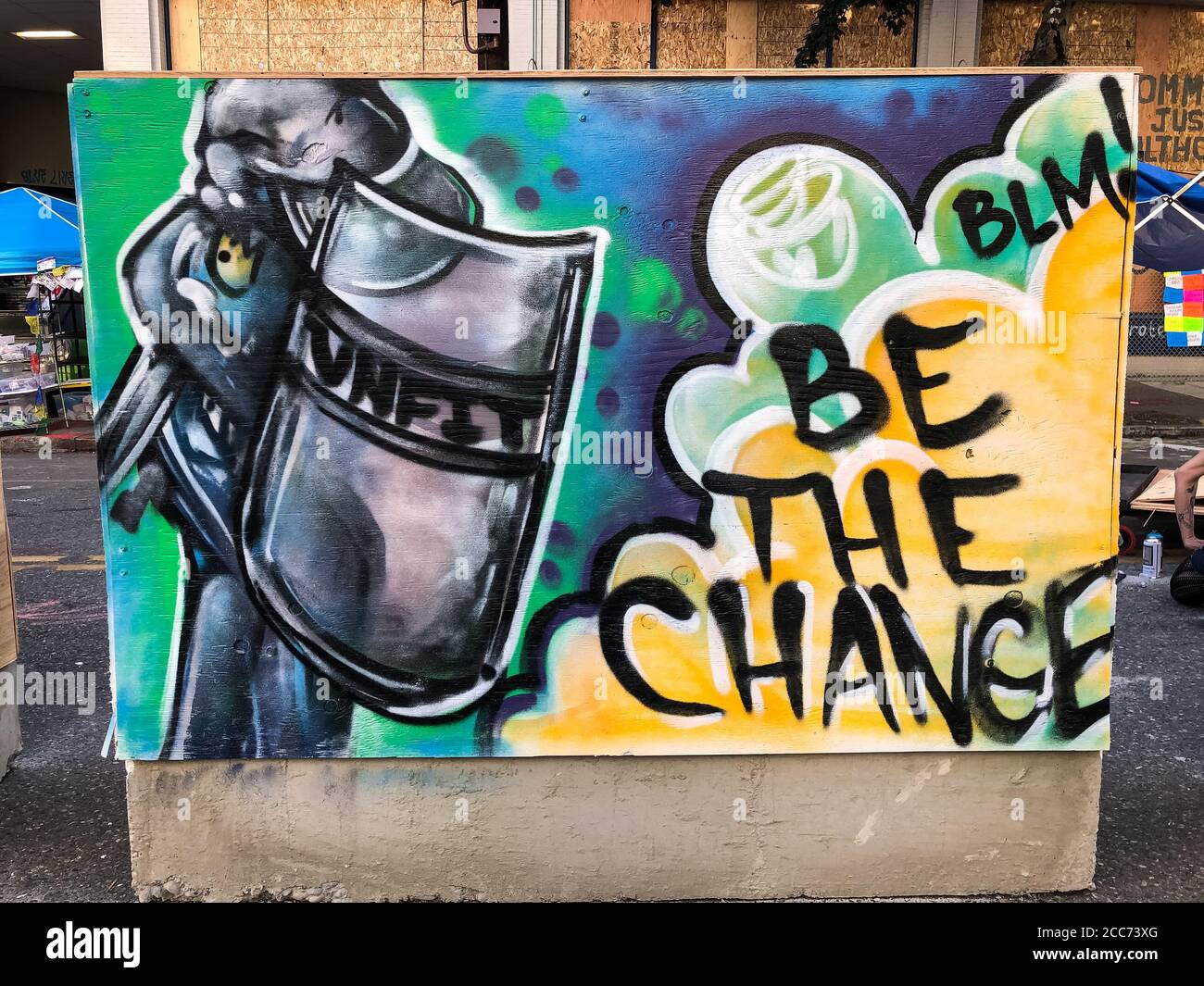 Seattle, USA – Jun 17, 2020: Signs and art at CHAZ late in the day on ...