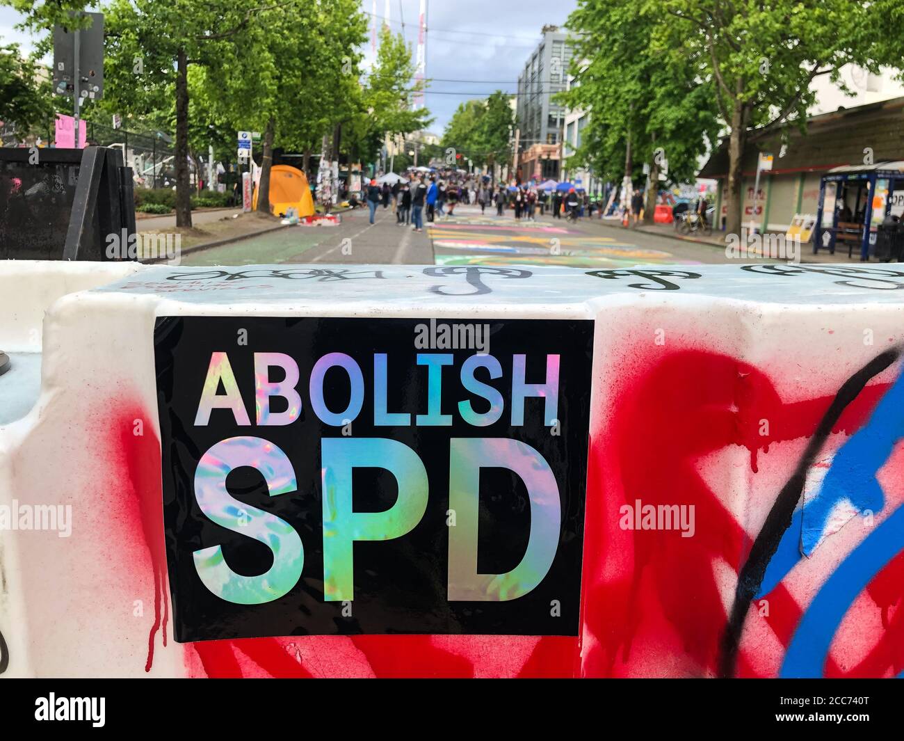 Seattle, USA – Jun 15, 2020: Signs and art at CHAZ late in the day on ...