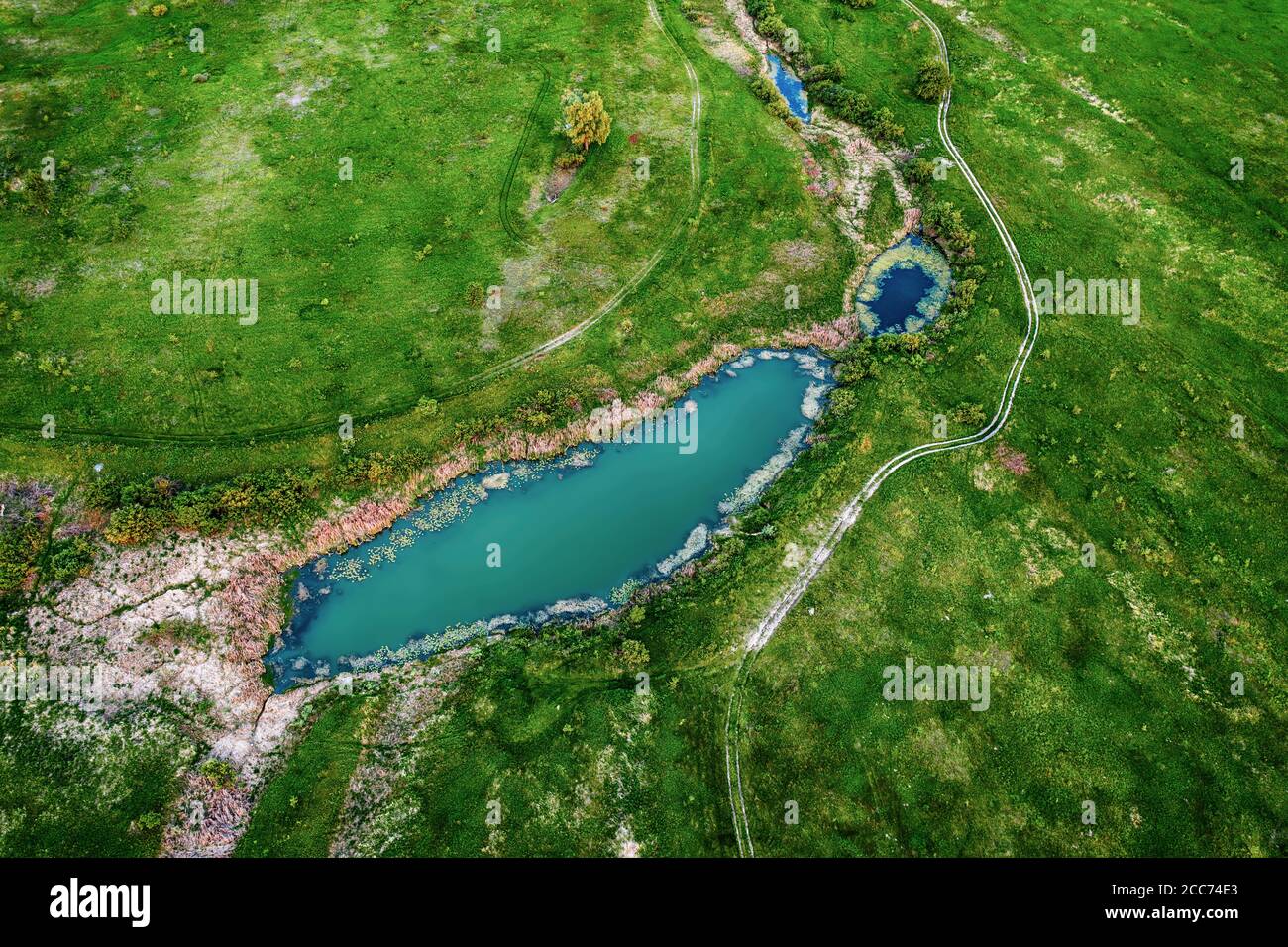 Aerial landscape of blue lake in green field, top view of beautiful ...