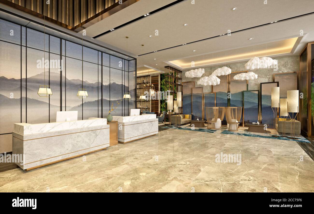 3d render of luxury hotel reception and lobby Stock Photo - Alamy