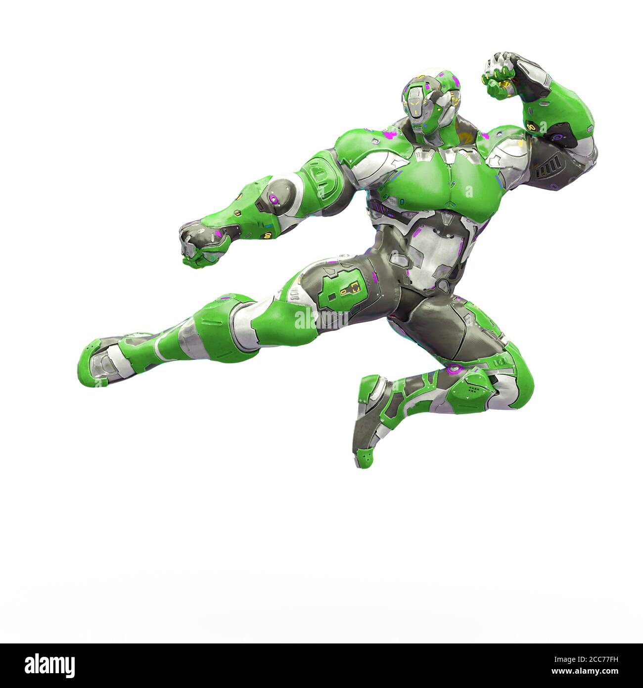 futuristic astronaut is doing a jump kick in white background, 3d ...