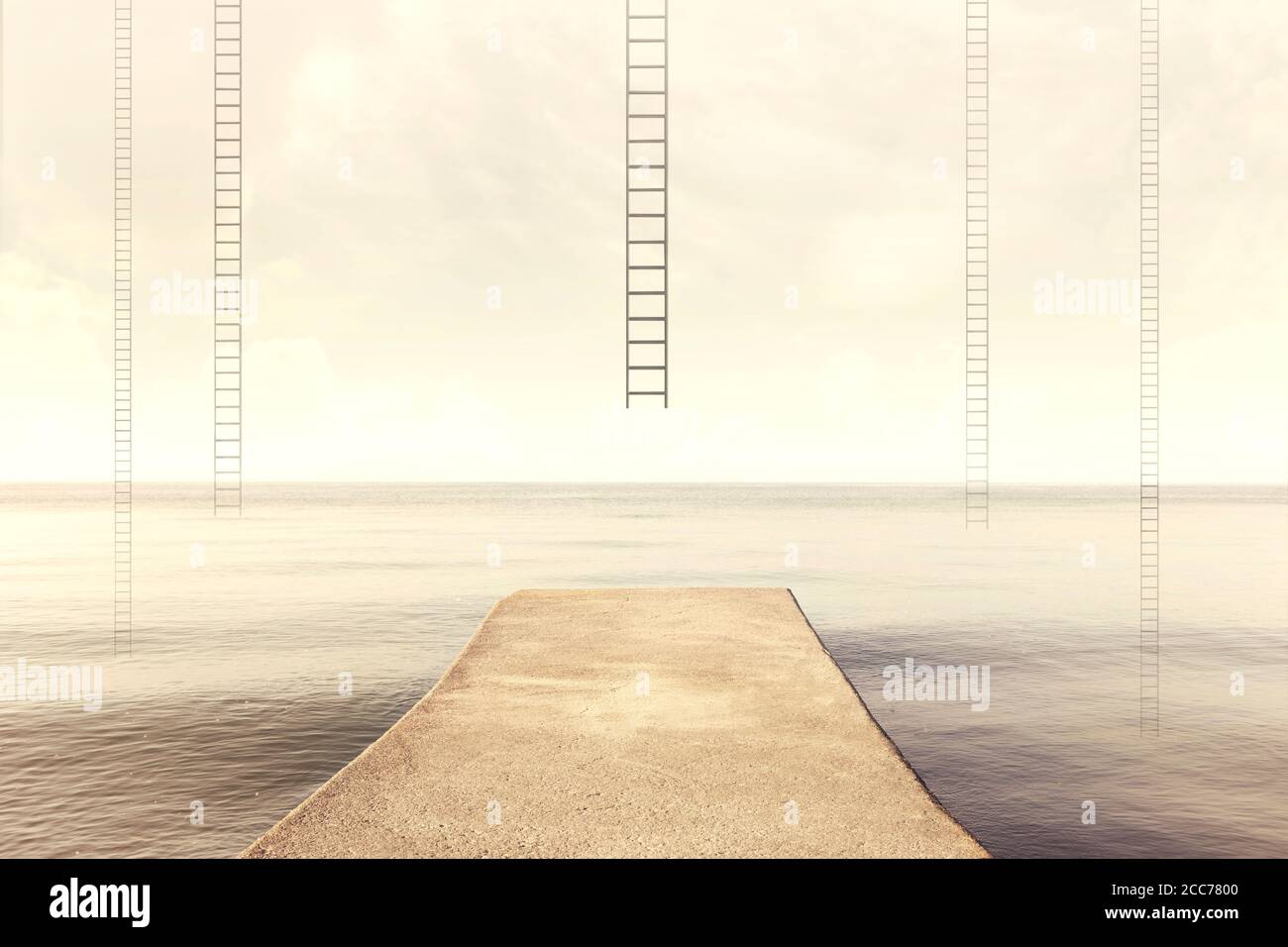 Surreal ladders descend from the sky into a silent sea landscape Stock ...