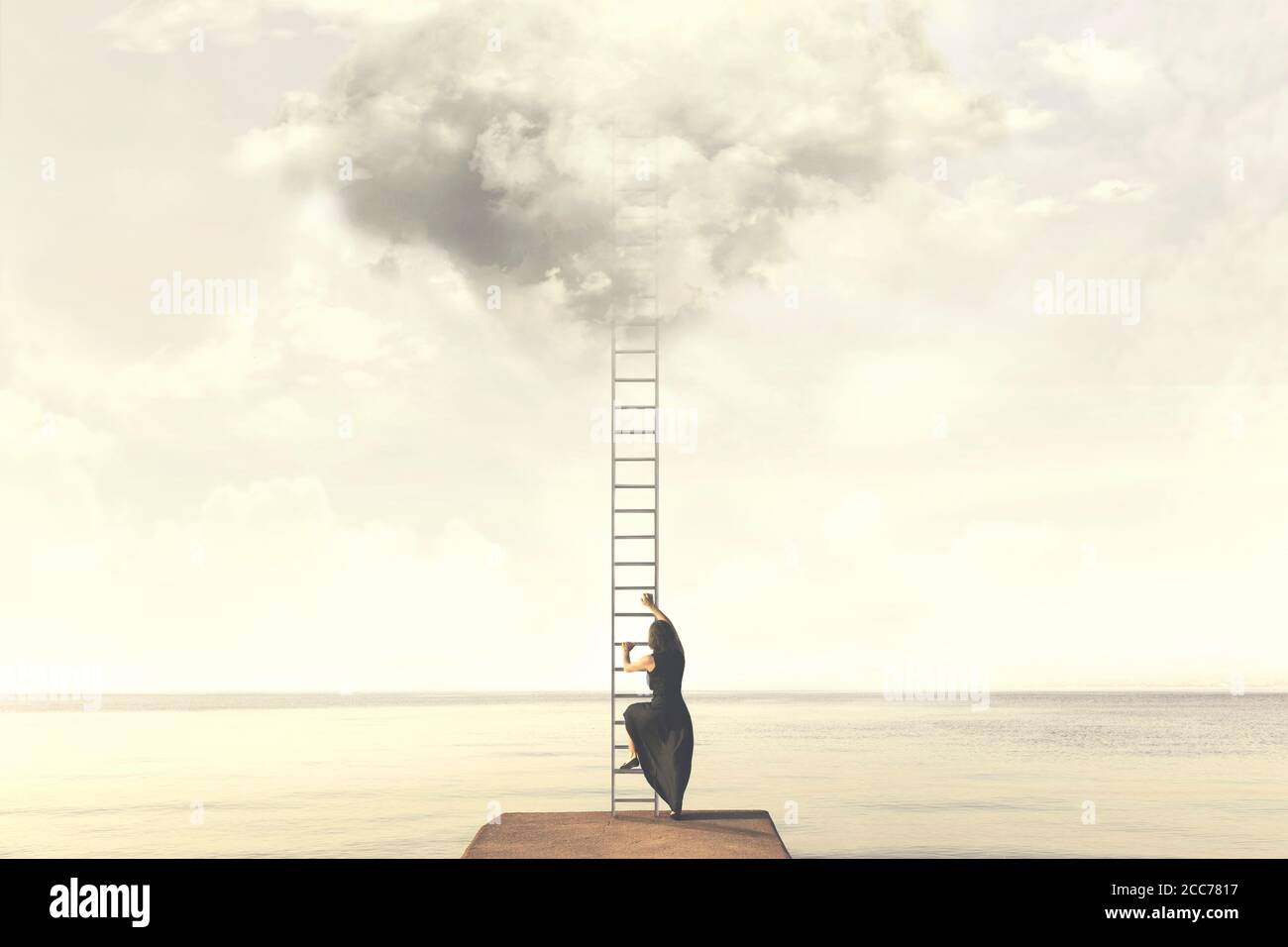 Woman cliombing imaginary ladder from the sky to a disenchanted ...