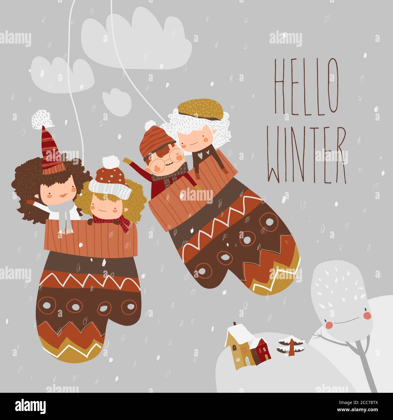 Cartoon happy children sitting in mittens. Hello winter Stock Vector ...