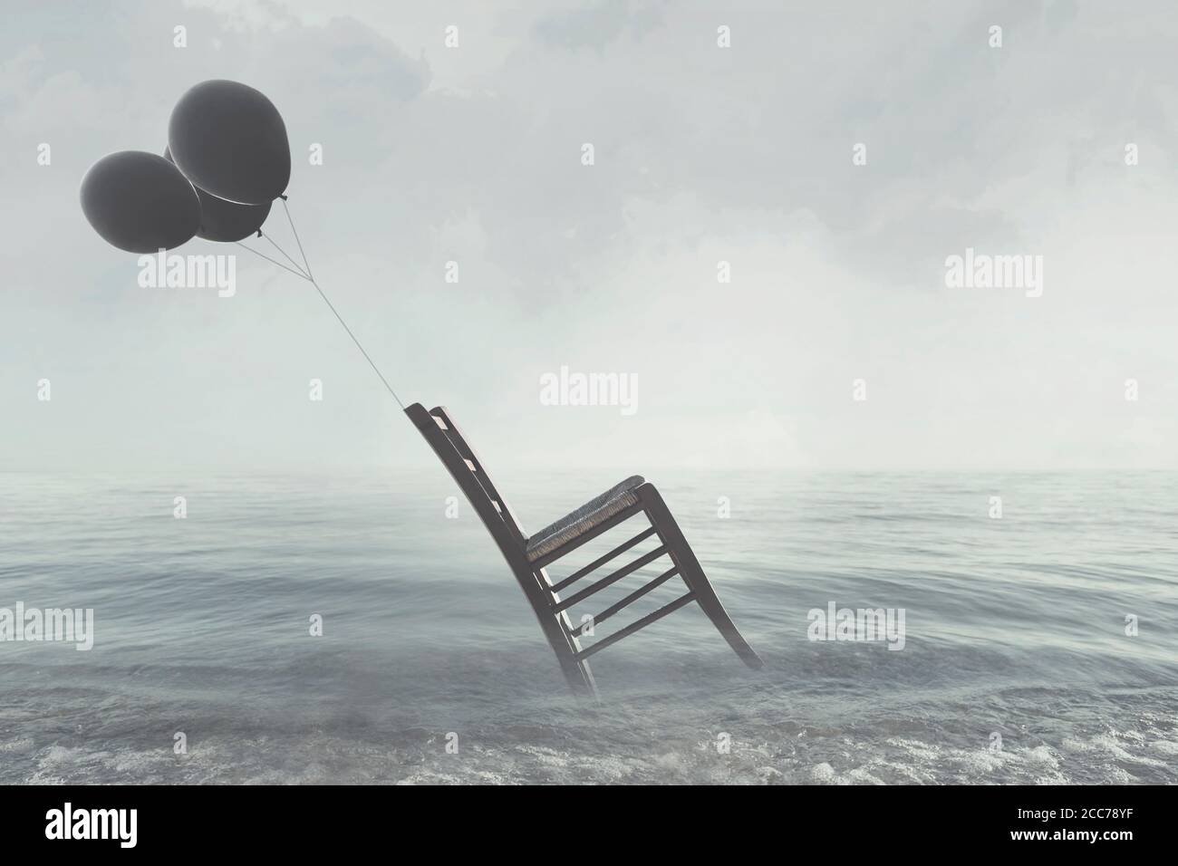 surreal image of a chair held in balance by flying balloons Stock Photo ...