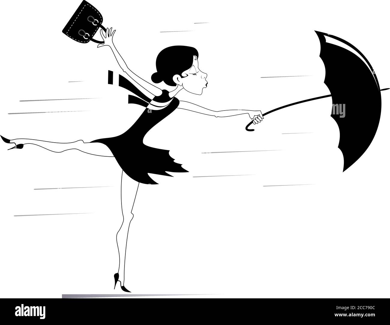 Windy weather, young woman and umbrella isolated illustration. Pretty ...