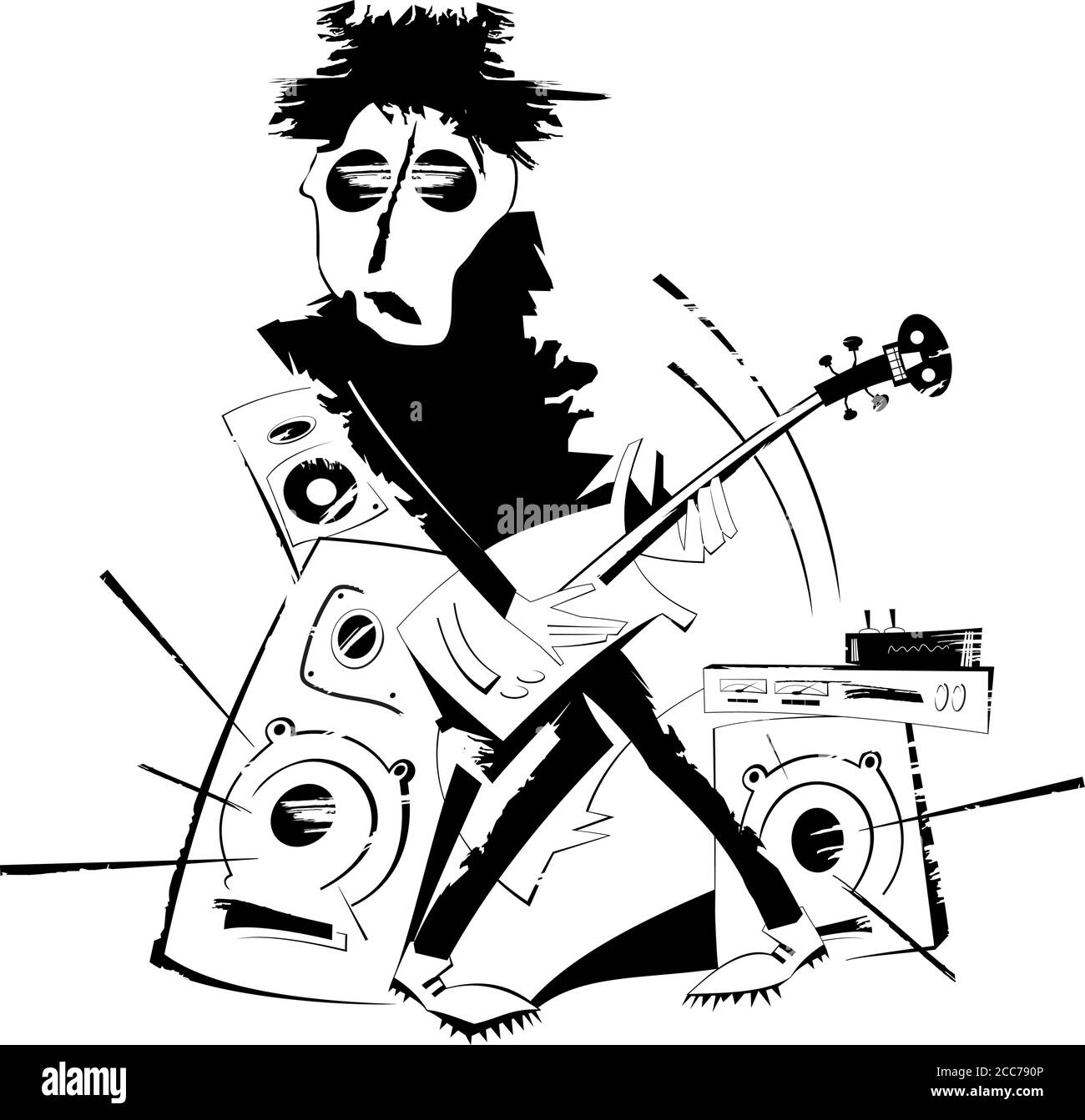 Cartoon guitar player isolated illustration. Expressive guitarist plays ...