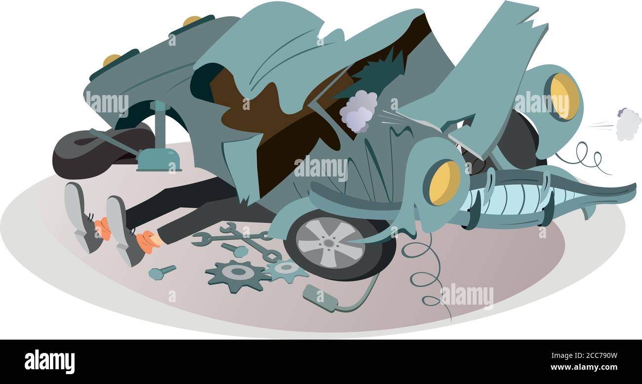 Mechanic repairs a car illustration. Legs of a mechanic sticking out ...