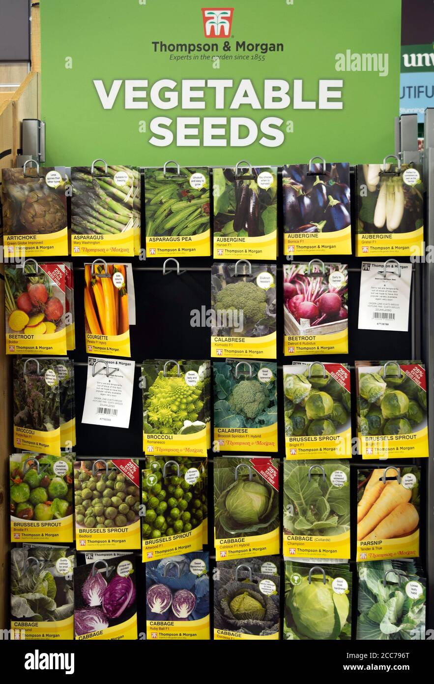 A display of Thompson and Morgan vegetable seeds in a garden centre ...