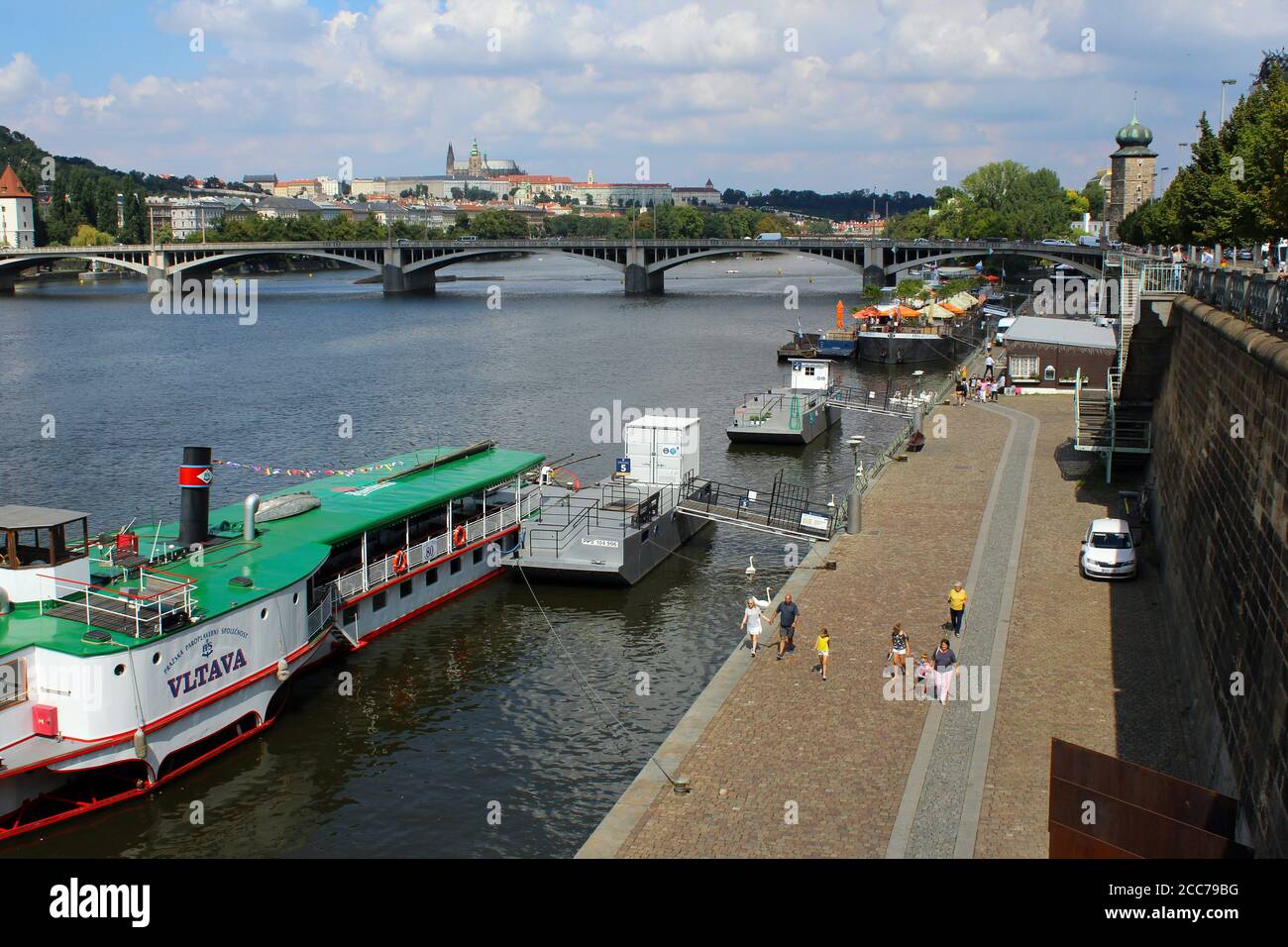 Historical Vltava steamboat in Vltava River in Prague, Czech Republic ...