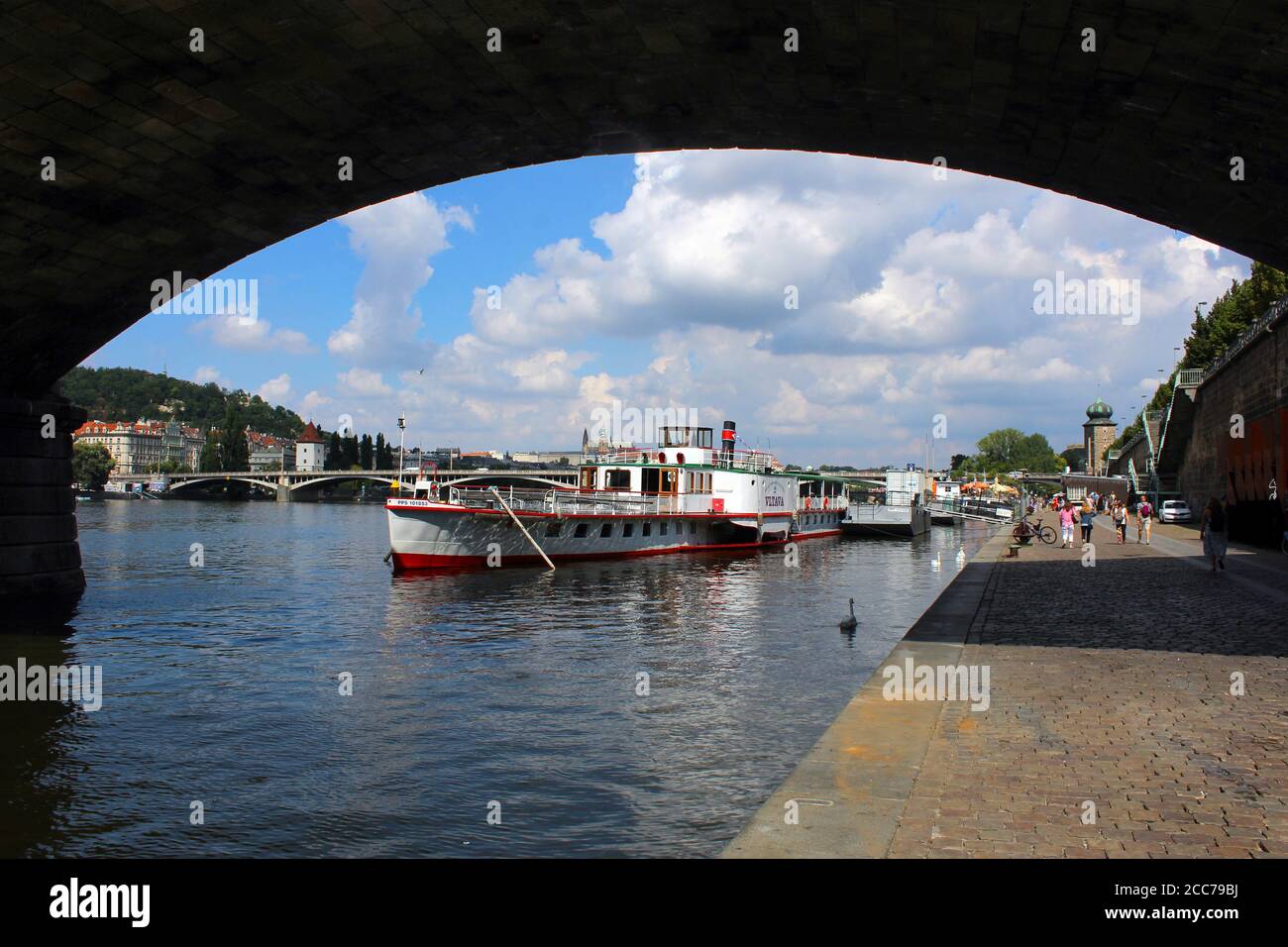 Historical Vltava steamboat in Vltava River in Prague, Czech Republic ...
