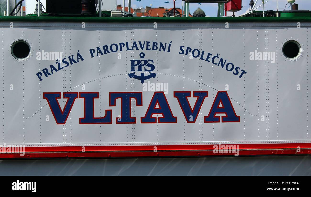 Historical Vltava steamboat in Vltava River in Prague, Czech Republic ...
