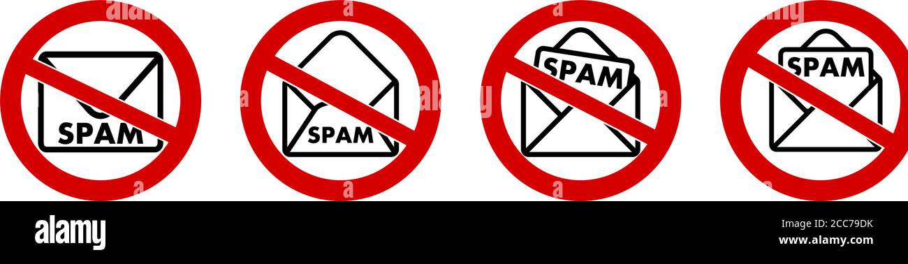 No spam icon, mail envelope with text in red crossed circle Stock ...