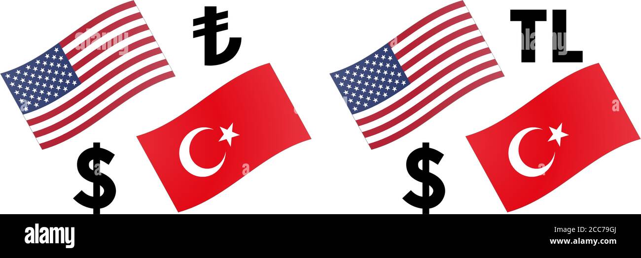 USDTRY forex currency pair vector illustration. American and Turkish ...
