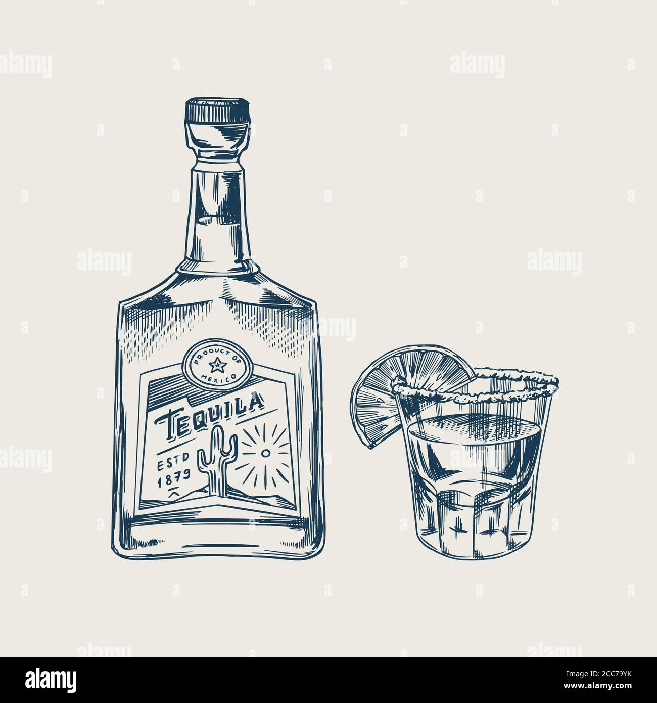 Bottle of tequila Glass shot with lime and label for retro poster or ...