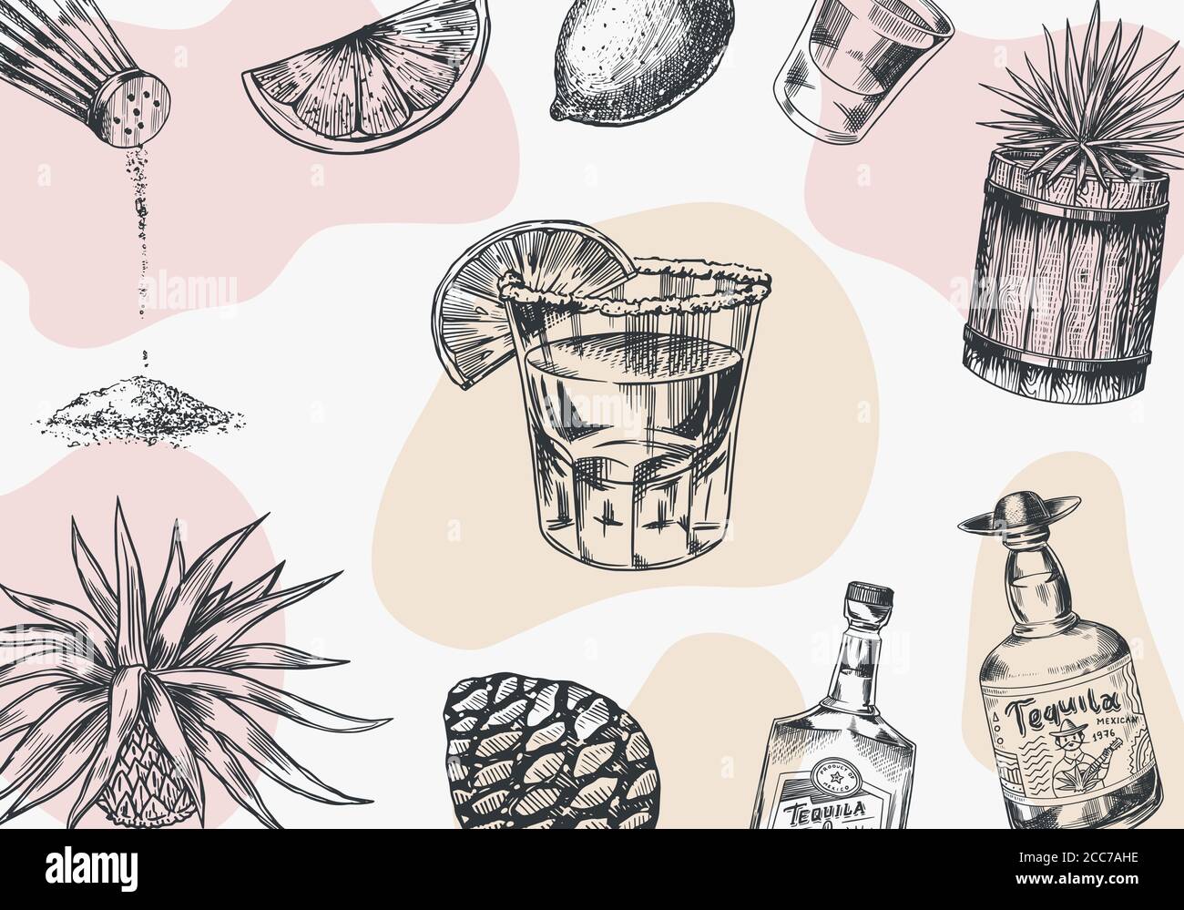 Tequila background. Glass bottle, shot with lime, blue agave Plant and ...