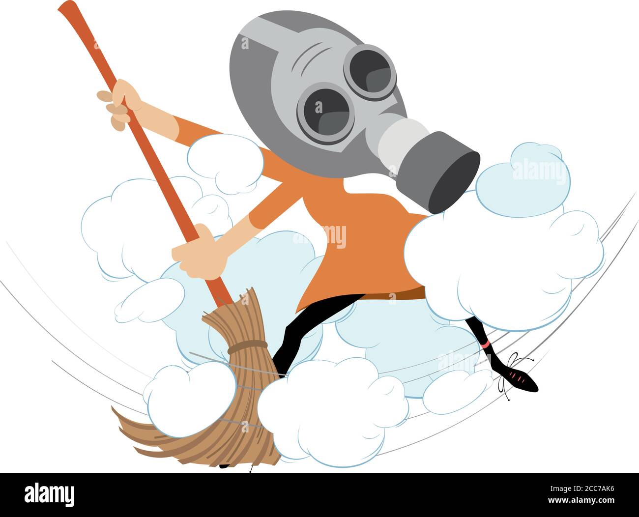 Dust cloud and woman with a big broom illustration. Cartoon woman in ...