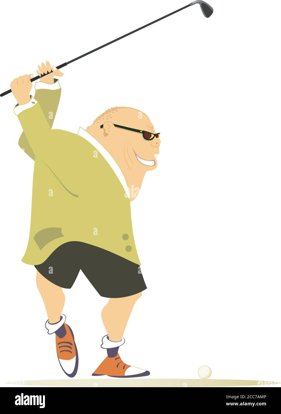 Comic golfer man on the golf course illustration. Cartoon smiling fat ...