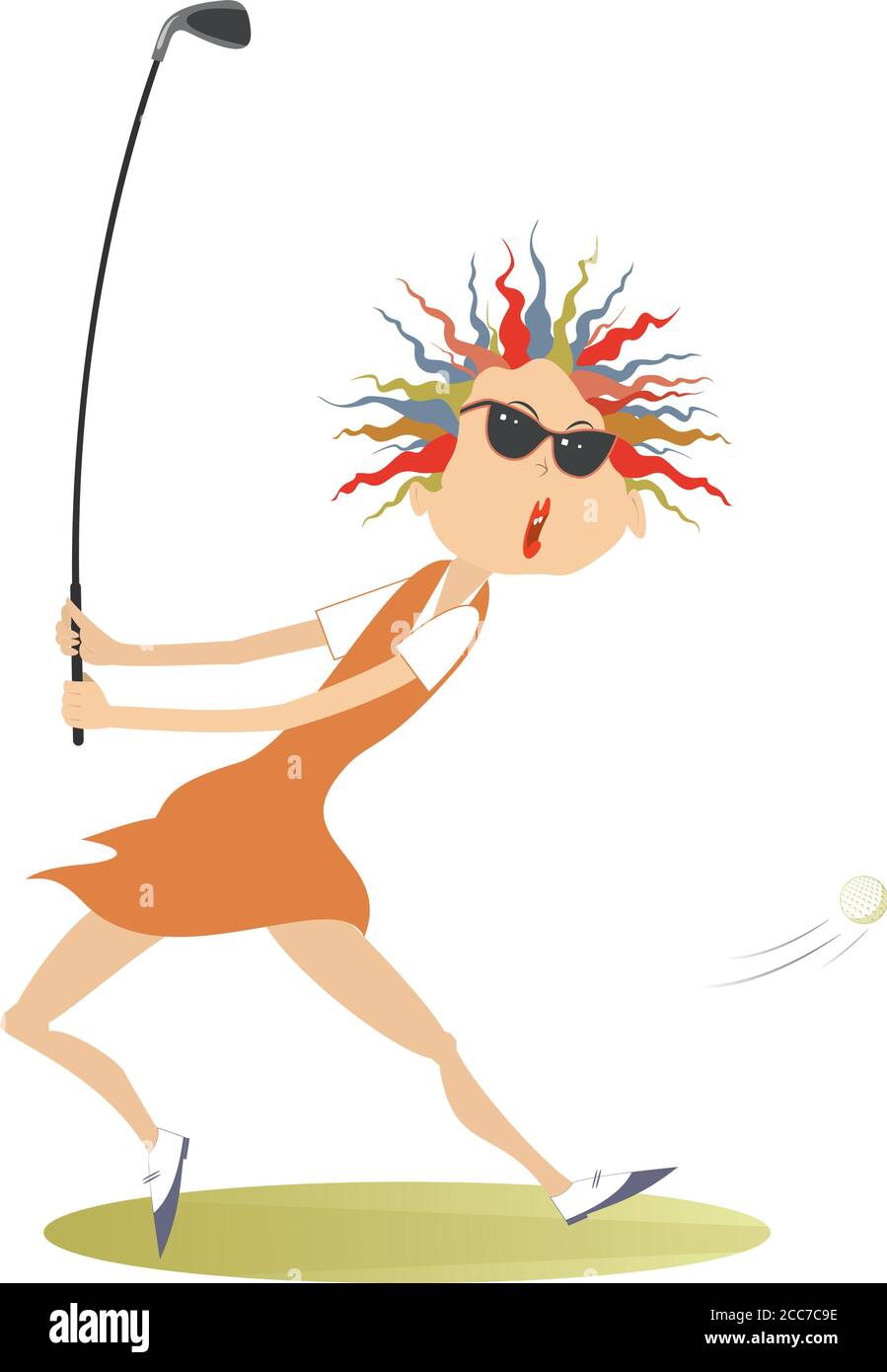 Young golfer woman on the golf course illustration. Cartoon golfer ...