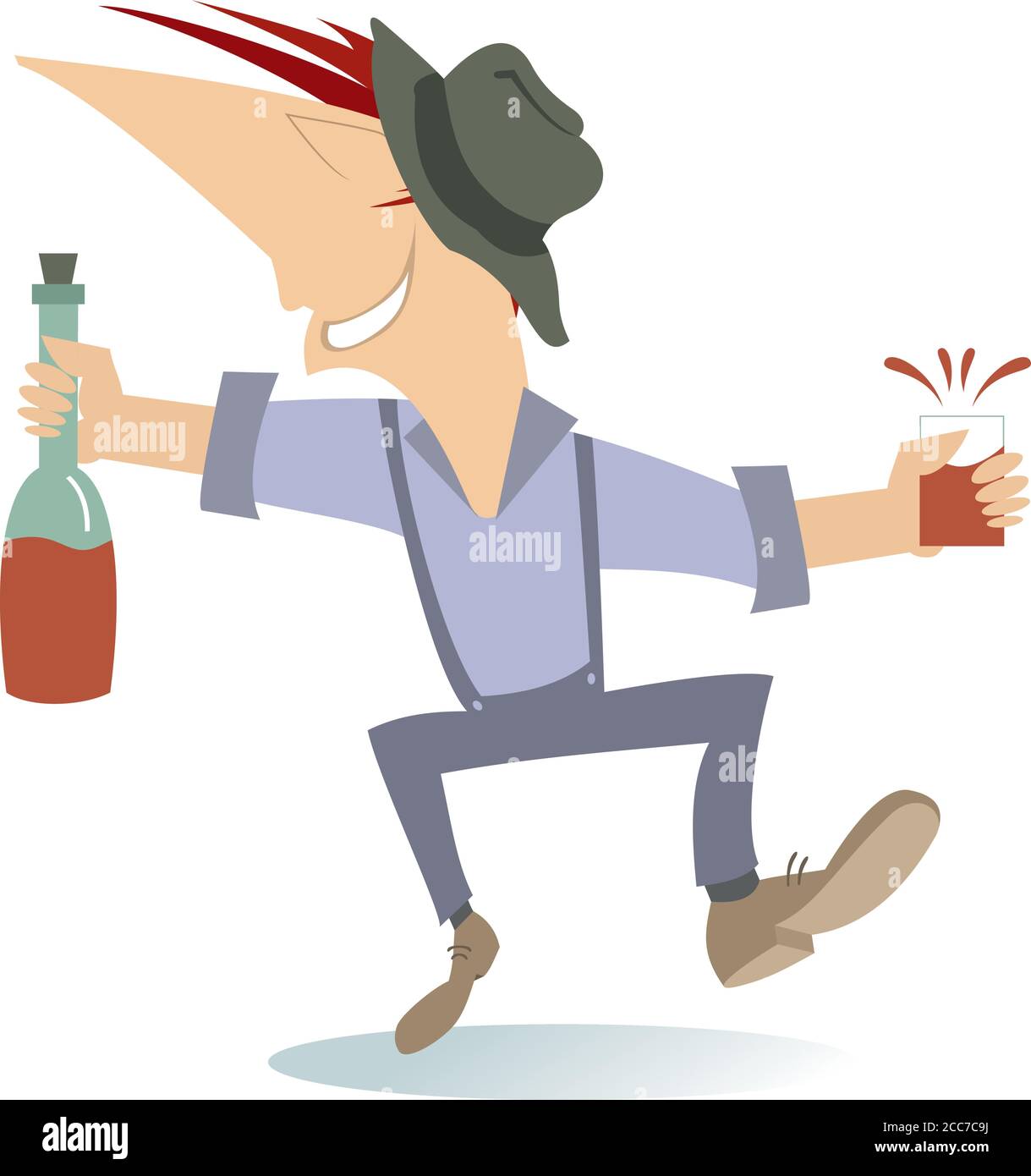 Smiling young man holds a bottle and glass with alcohol illustration ...