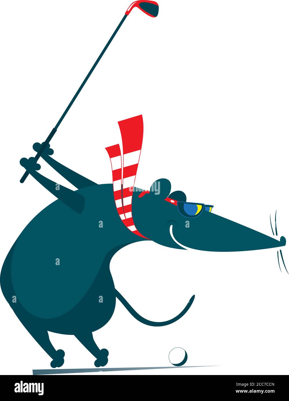 Cartoon rat or mouse plays golf illustration. Funny rat or mouse tries ...
