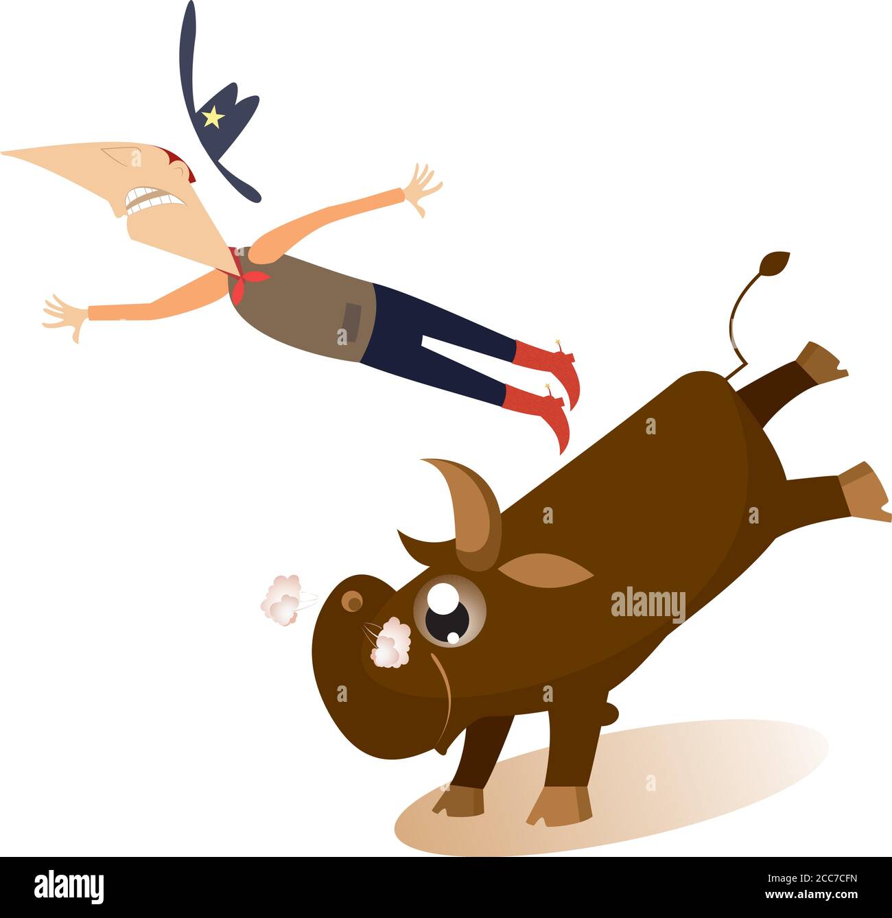 Man or cowboy falls from the bull illustration. Comic man or cowboy in ...