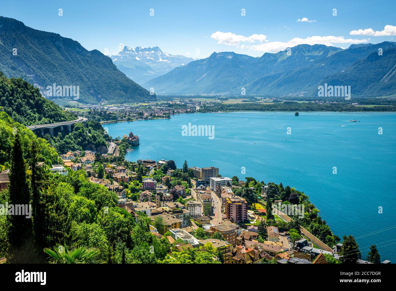 Aerial view of Geneva lake with Swiss Alps panorama from Montreux to ...