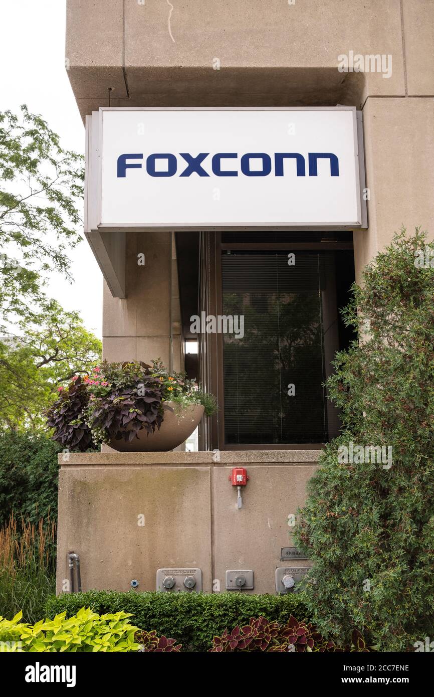 A Foxconn sign outside of their headquarters in downtown Milwaukee ...