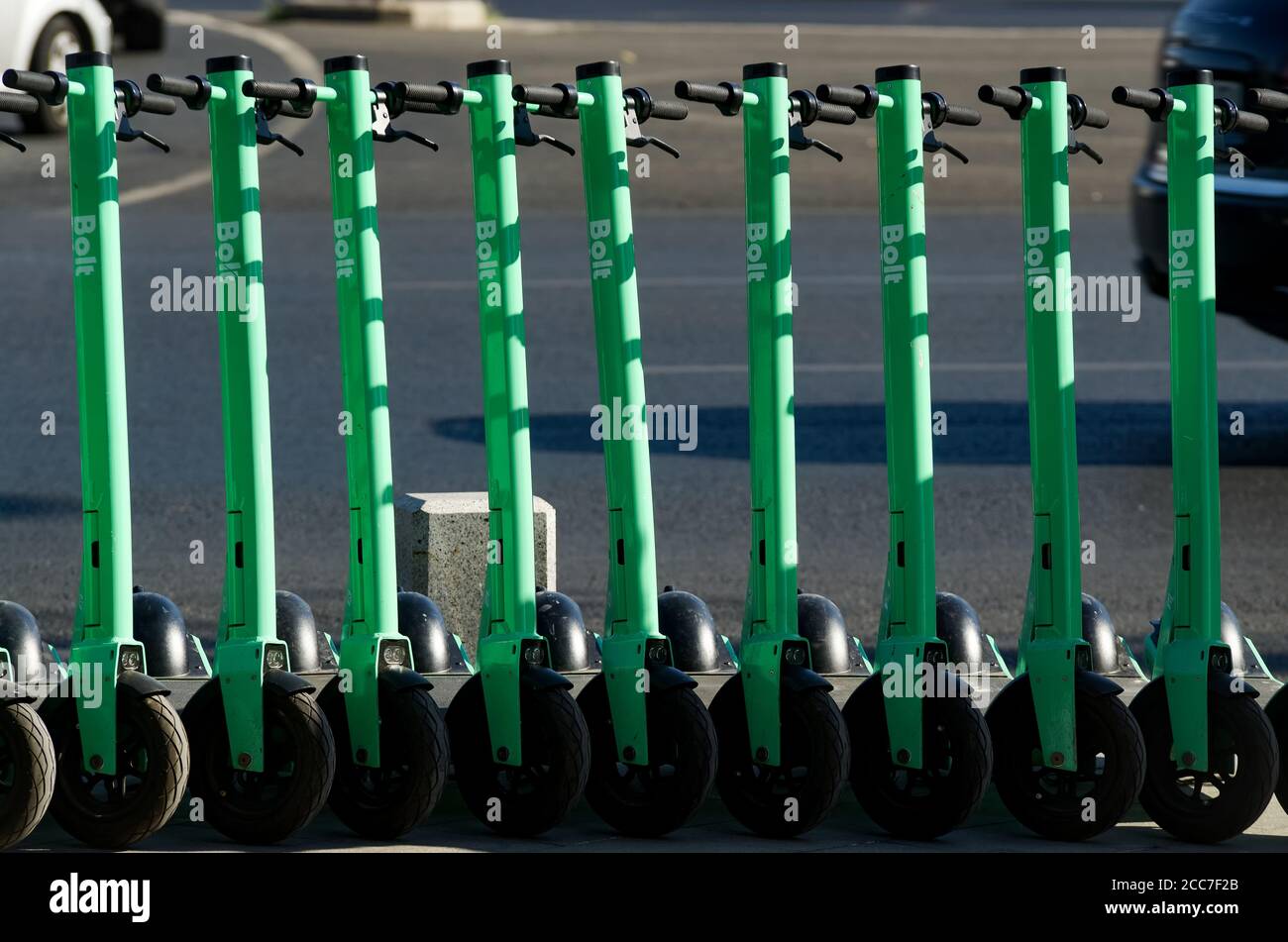 Bucharest, Romania - August 10, 2020: Bolt electric scooters are parked ...