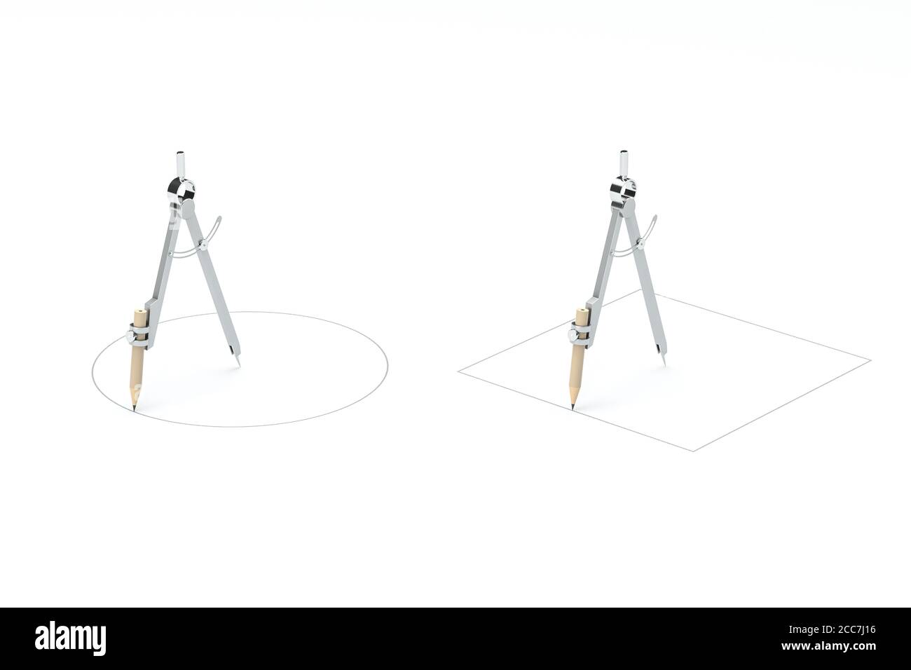 Compasses drawing square, unusual concept, 3d rendering. Computer ...