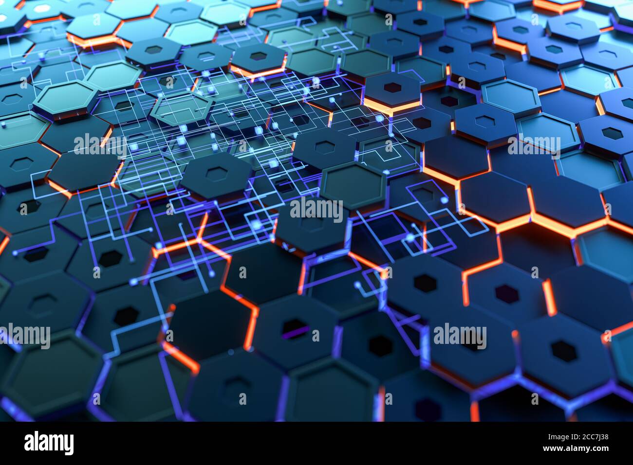 Glowing hexagonal cubes background, hi-tech cyberspace, 3d rendering. Computer digital drawing ...