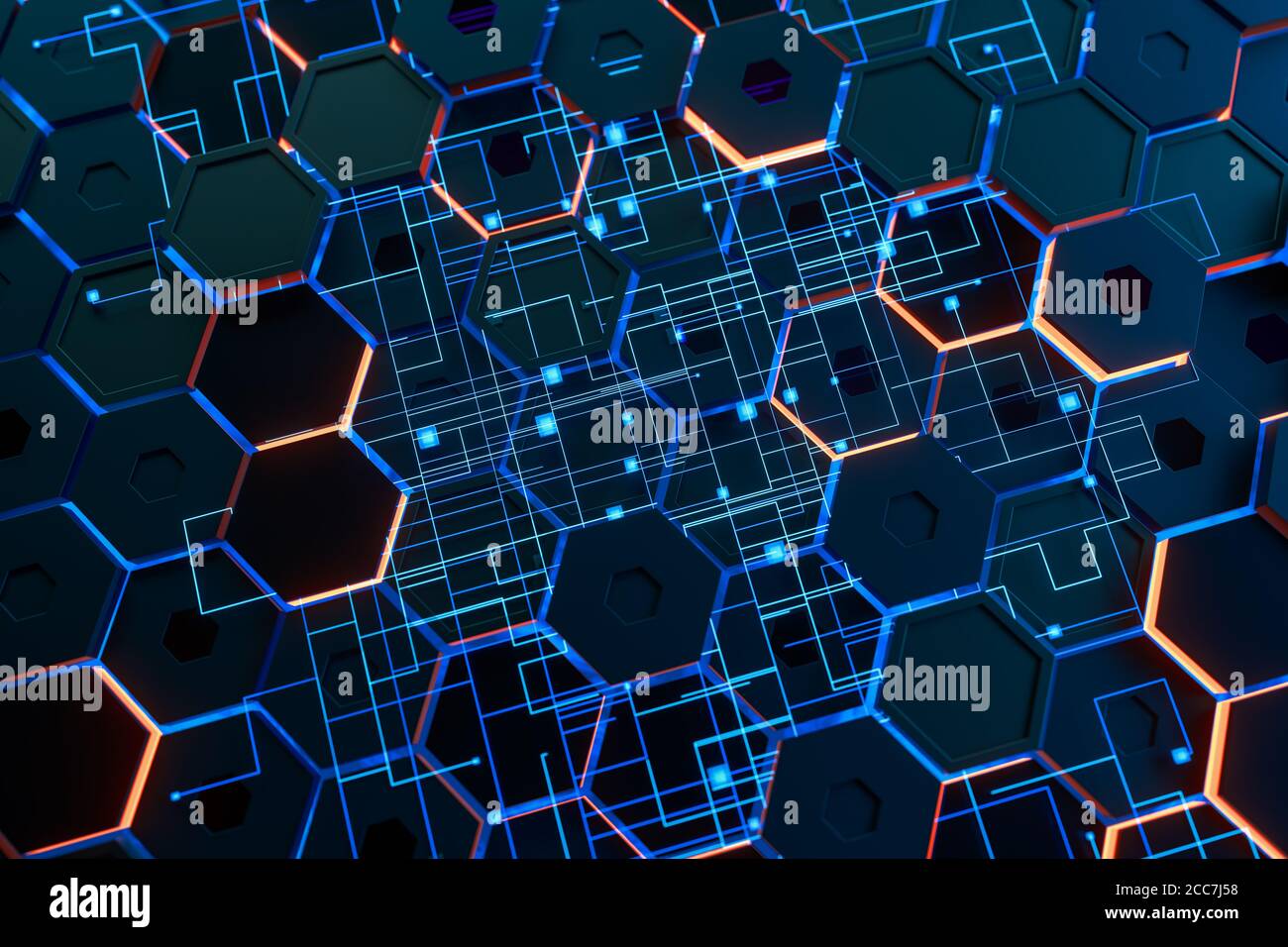 Glowing hexagonal cubes background, hi-tech cyberspace, 3d rendering ...