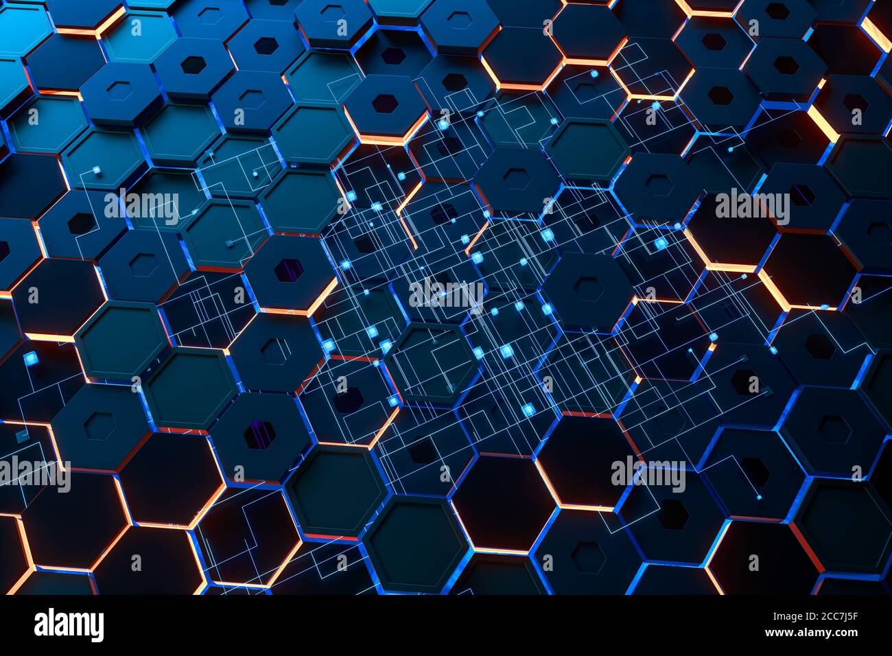 Glowing hexagonal cubes background, hi-tech cyberspace, 3d rendering. Computer digital drawing ...