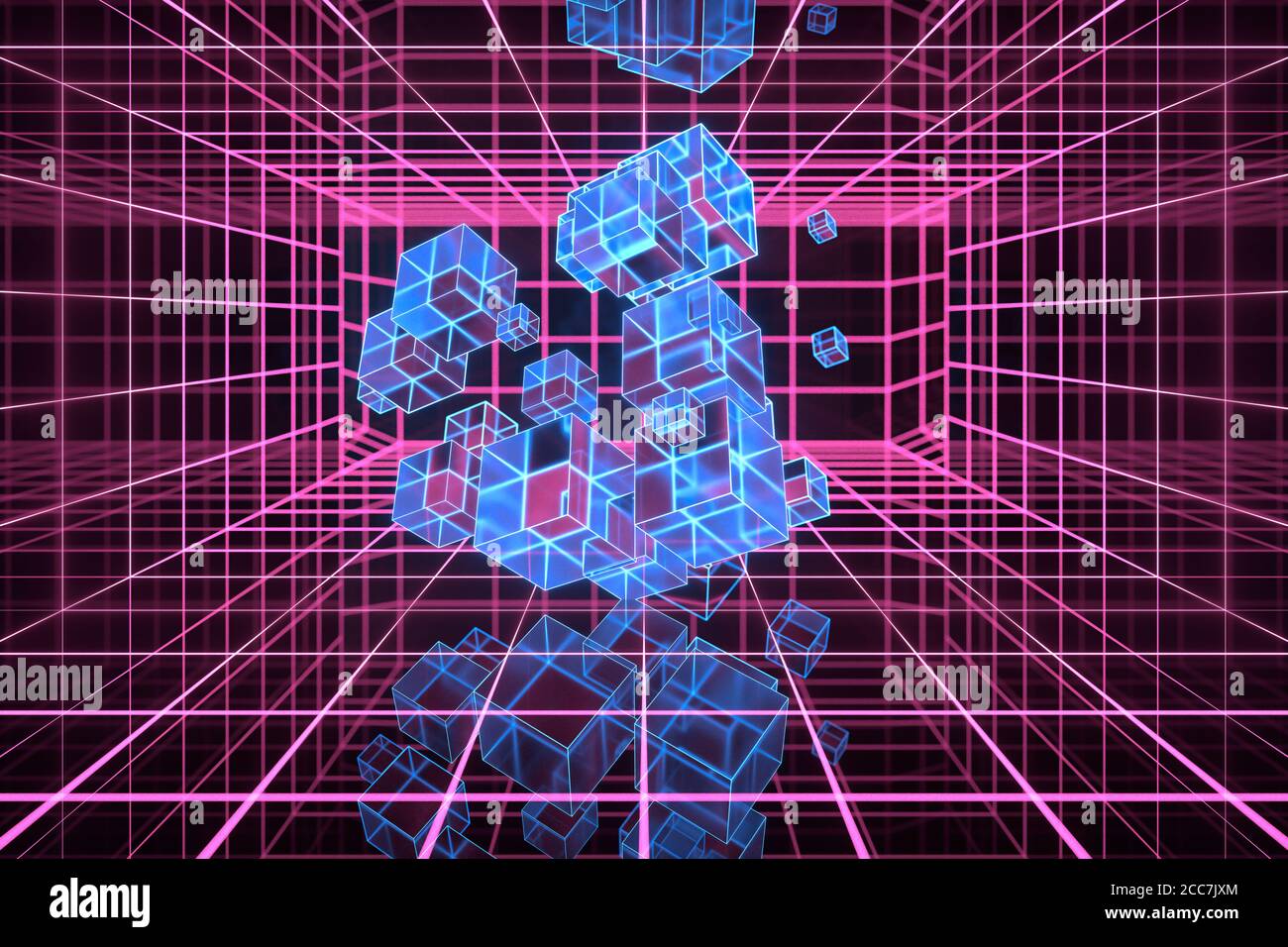 Cyberspace tunnel with geometry cube, 3d rendering. Computer digital ...