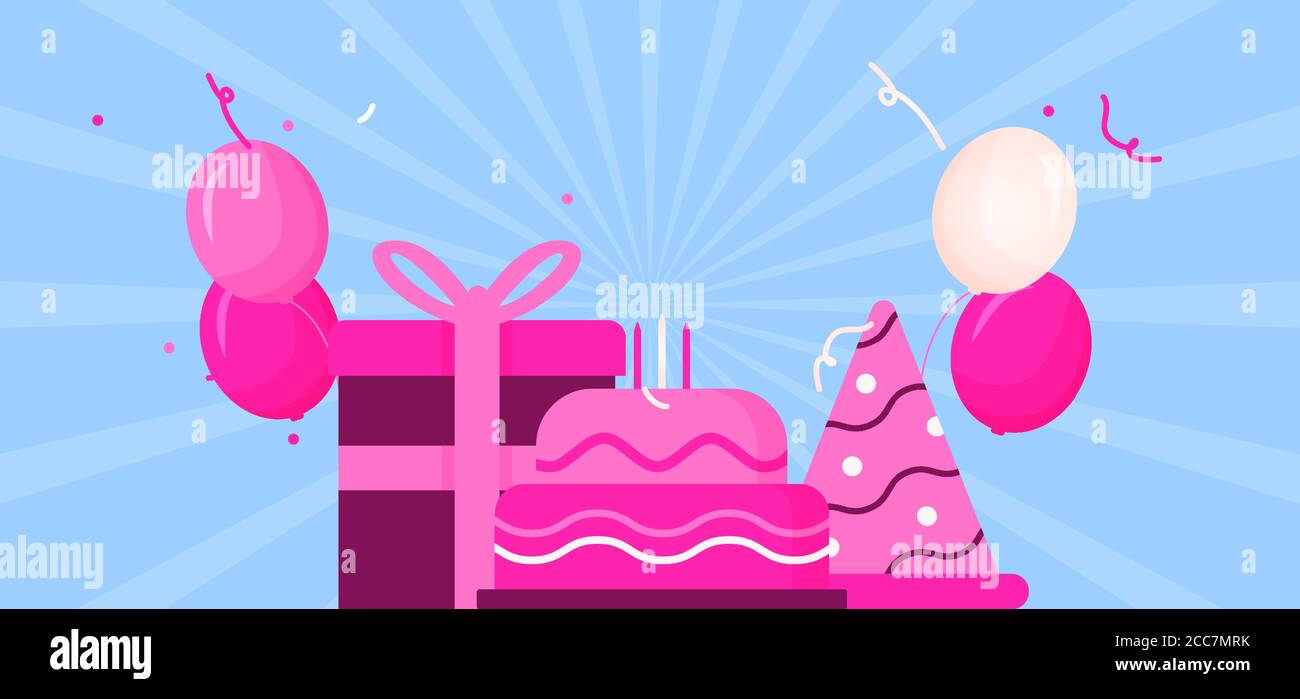 background banner birthday with cake, box, cap, and balloon Stock ...