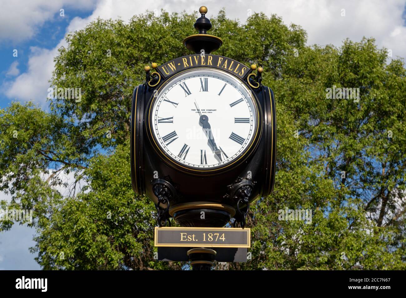RIVER FALLS, WI/USA - AUGUST 4, 2020: Campus clock and campus logo at ...