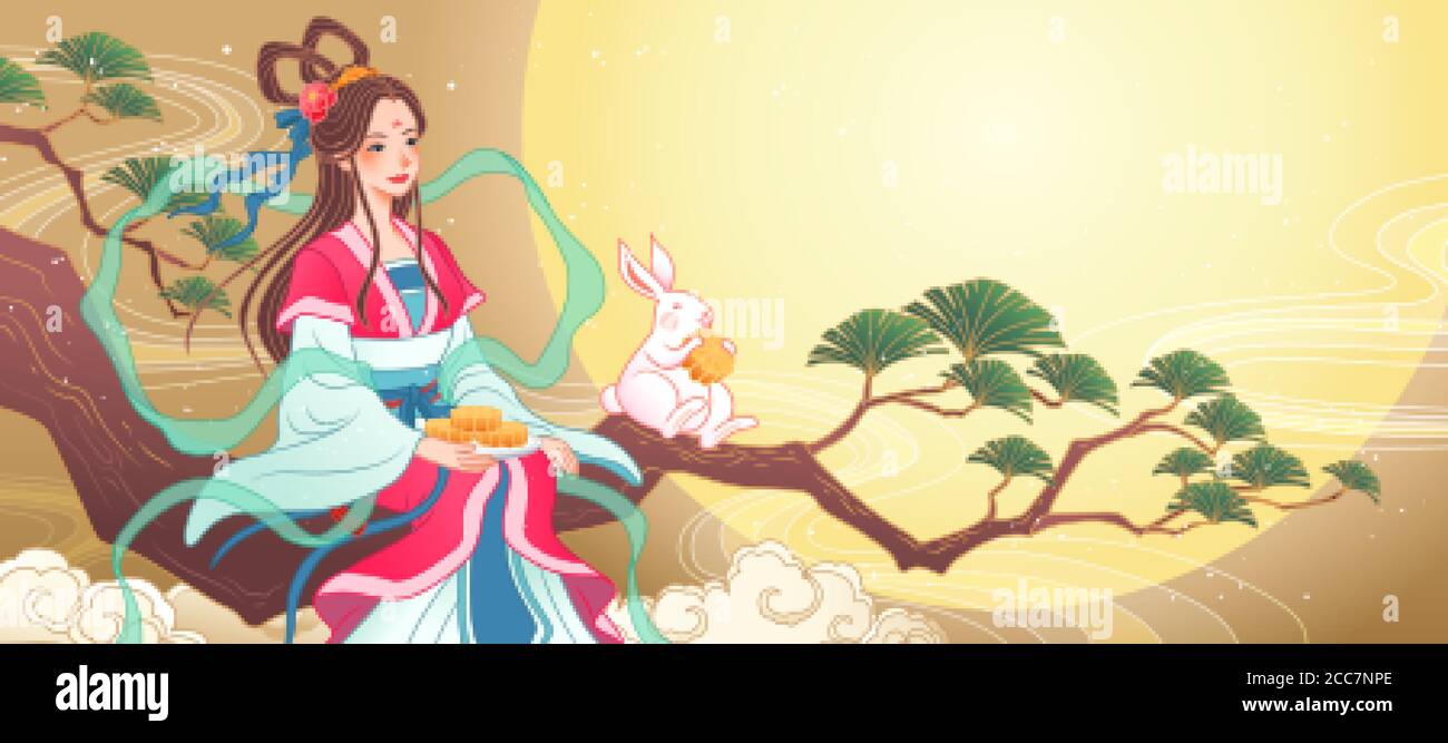 Mid Autumn Festival banner with beautiful Chang e enjoys full moon and ...