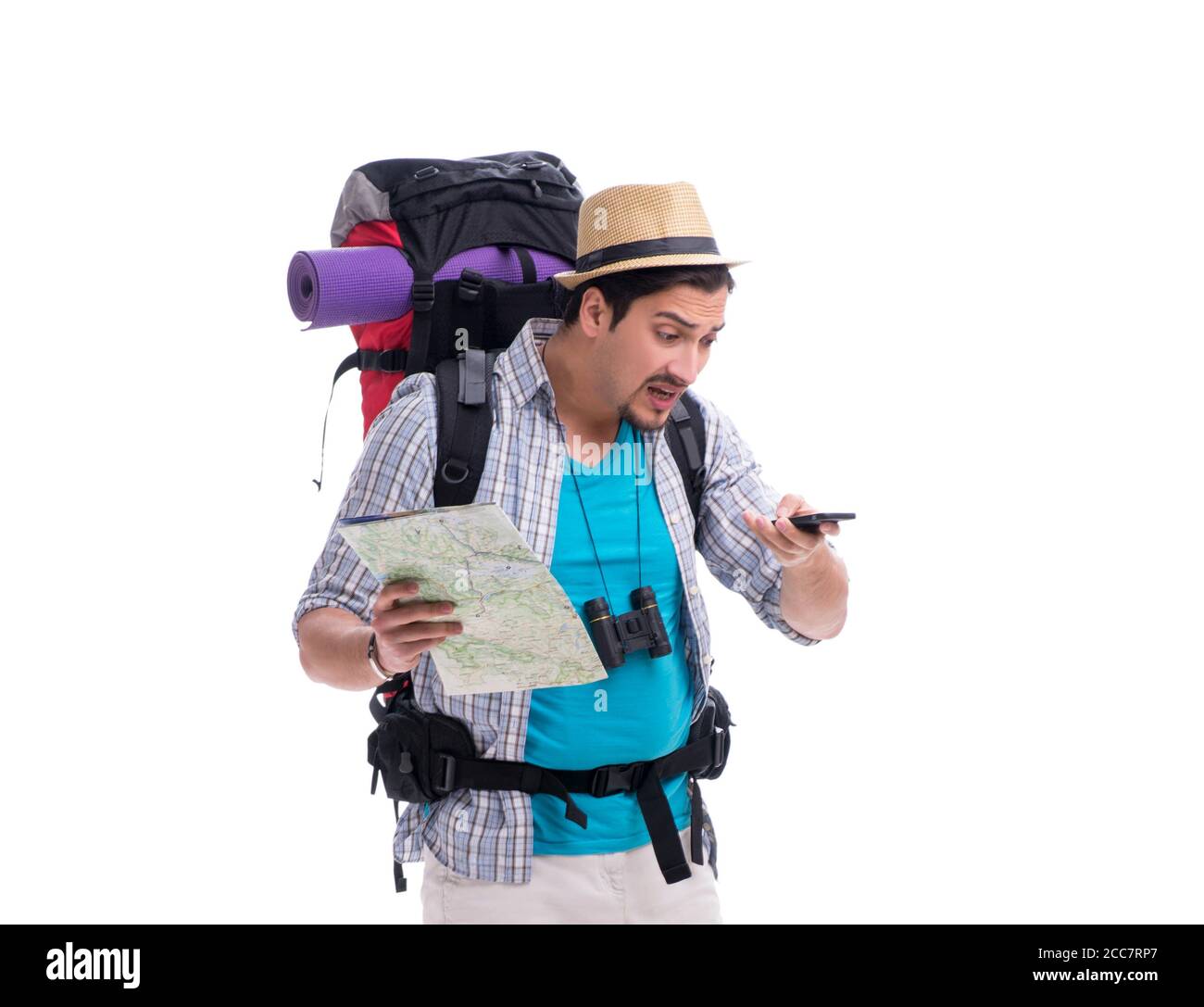 The man lost and looking for direction with map on white Stock Photo ...