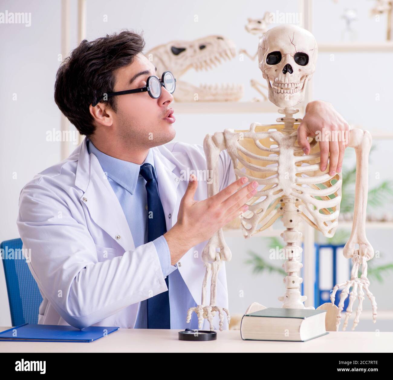 The crazy professor studying human skeleton Stock Photo - Alamy